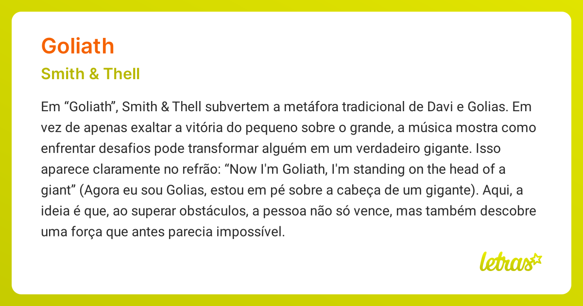 Significado da música GOLIATH (Smith & Thell) - LETRAS.MUS.BR