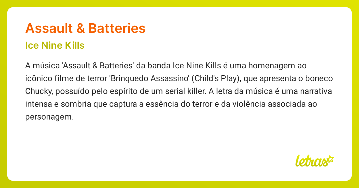 Significado da música ASSAULT & BATTERIES (Ice Nine Kills) - LETRAS.MUS.BR
