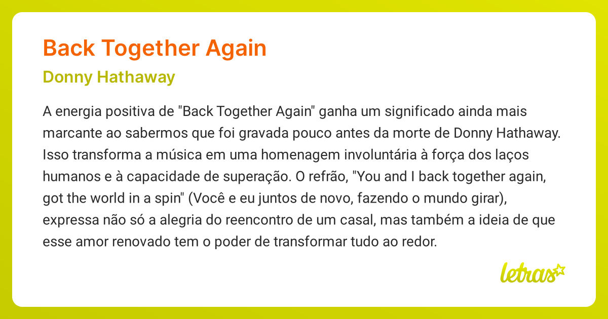 Significado da música BACK TOGETHER AGAIN (Donny Hathaway) - LETRAS.MUS.BR