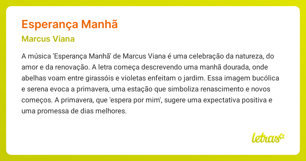 Significado da música ESPERANÇA MANHÃ (Marcus Viana) - LETRAS.MUS.BR