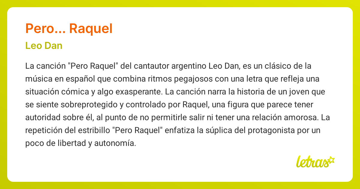 Significado de la canción PERO... RAQUEL (Leo Dan) - LETRAS.COM