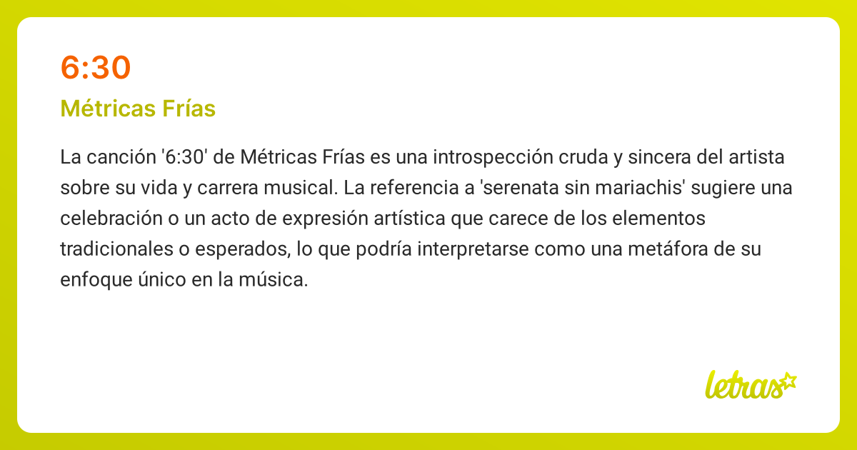 Significado de la canción 6:30 (Métricas Frías) - LETRAS.COM