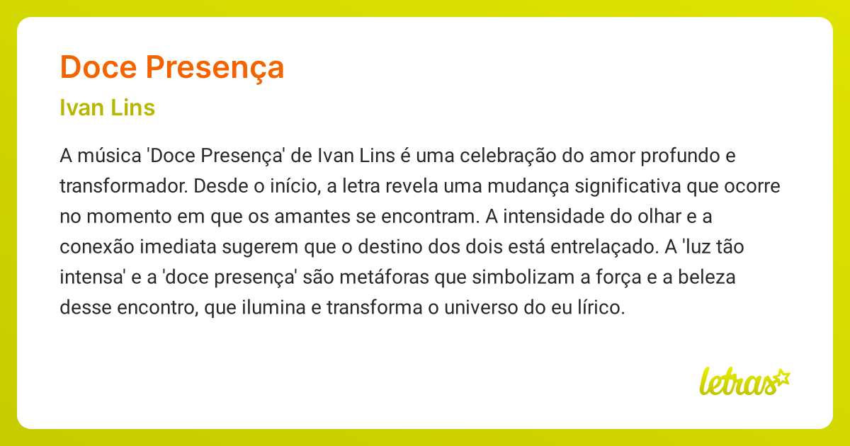 Significado da música DOCE PRESENÇA (Ivan Lins) - LETRAS.MUS.BR