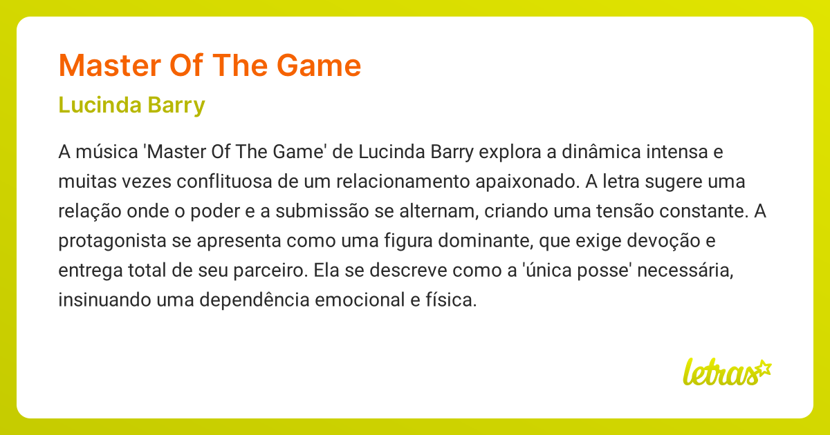 Significado da música MASTER OF THE GAME (Lucinda Barry) - LETRAS.MUS.BR