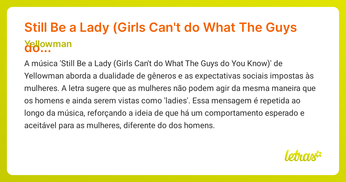 Significado da música Still Be a Lady (Girls Can't do What The Guys do ...