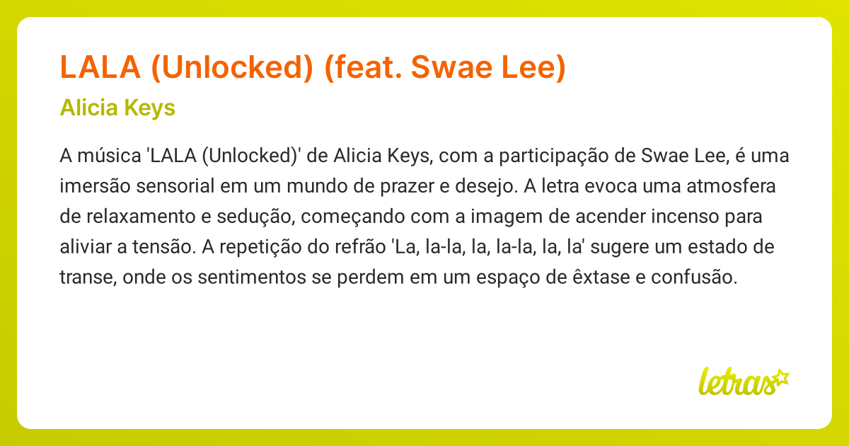 Significado da música LALA (Unlocked) (feat. Swae Lee) (Alicia Keys ...
