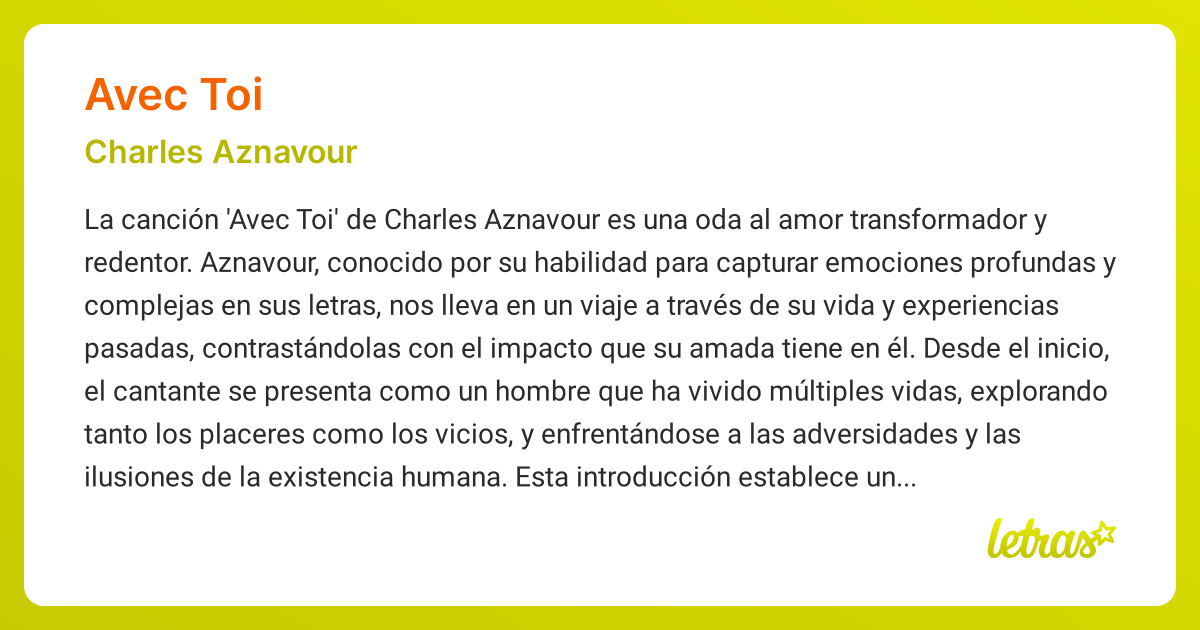 Significado de la canción AVEC TOI (Charles Aznavour) - LETRAS.COM