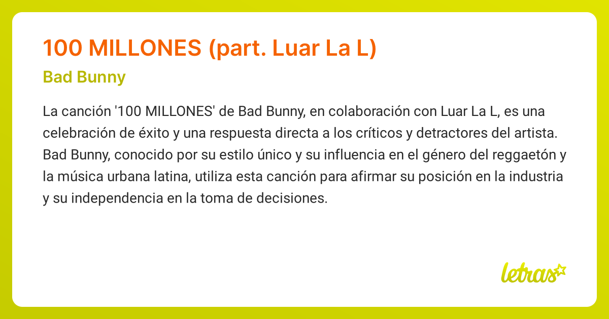 Significado de la canción 100 MILLONES (PART. LUAR LA L) (Bad Bunny ...