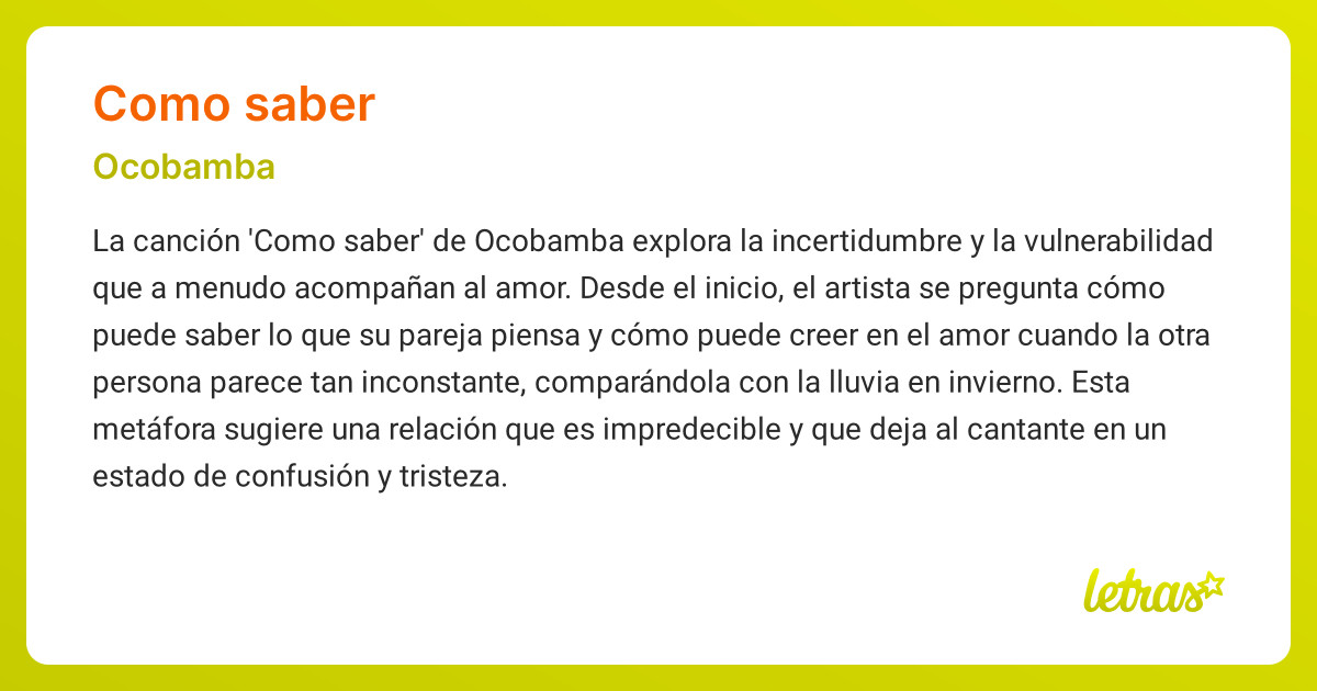 Significado de la canción COMO SABER (Ocobamba) - LETRAS.COM