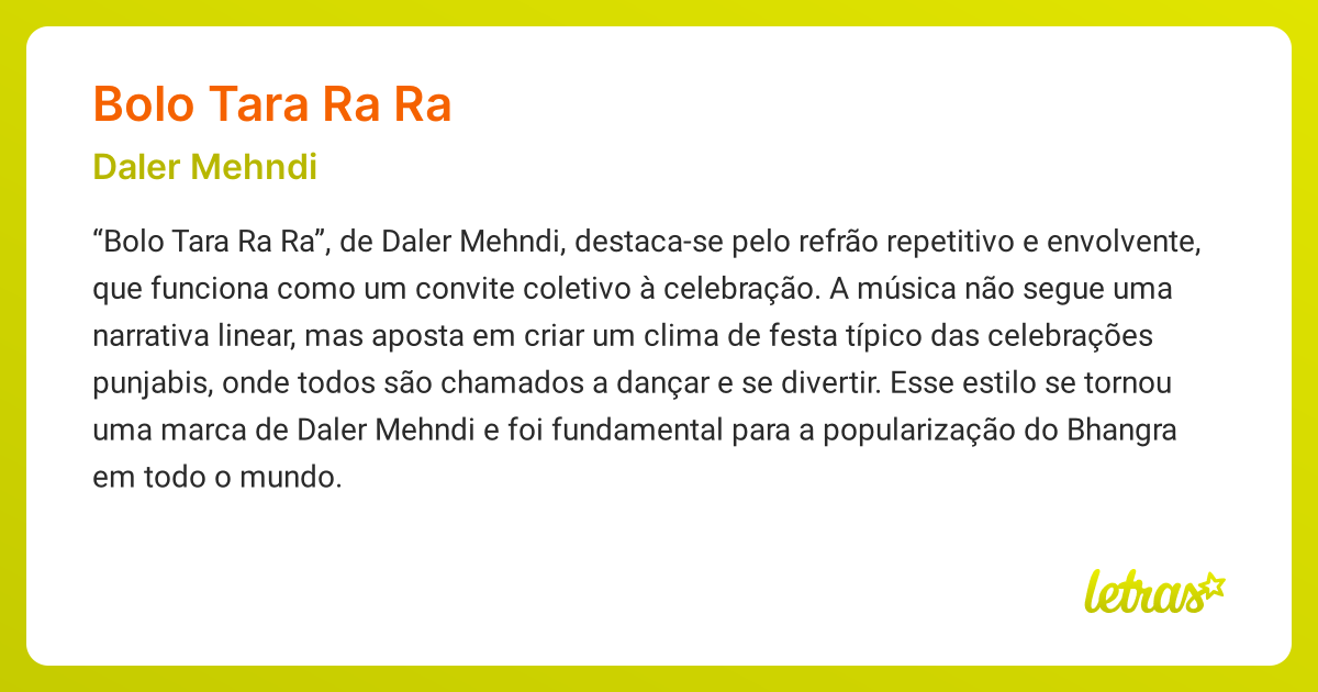 Significado da música BOLO TARA RA RA (Daler Mehndi) - LETRAS.MUS.BR