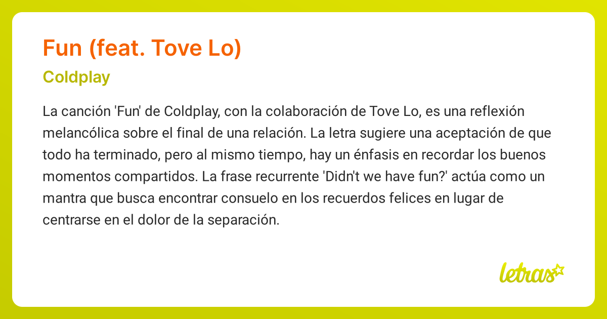 Significado de la canción FUN (FEAT. TOVE LO) (Coldplay) - LETRAS.COM