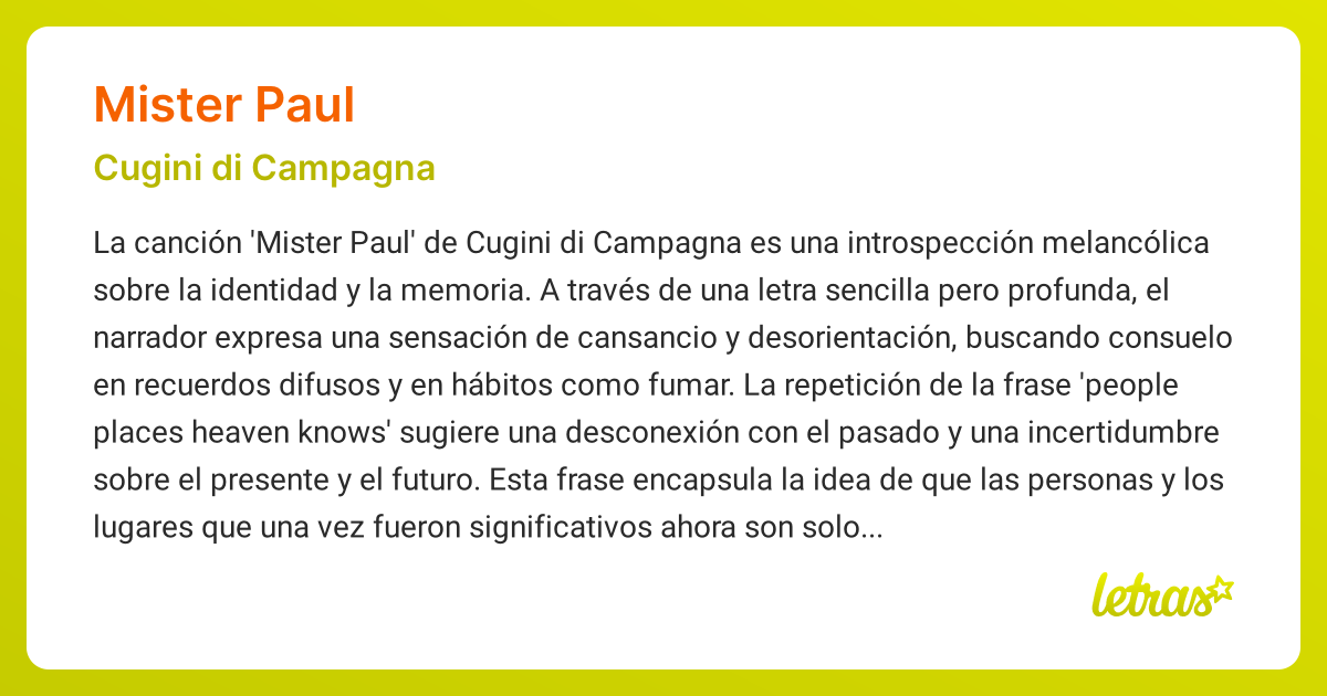 Significado de la canción MISTER PAUL (Cugini di Campagna) - LETRAS.COM