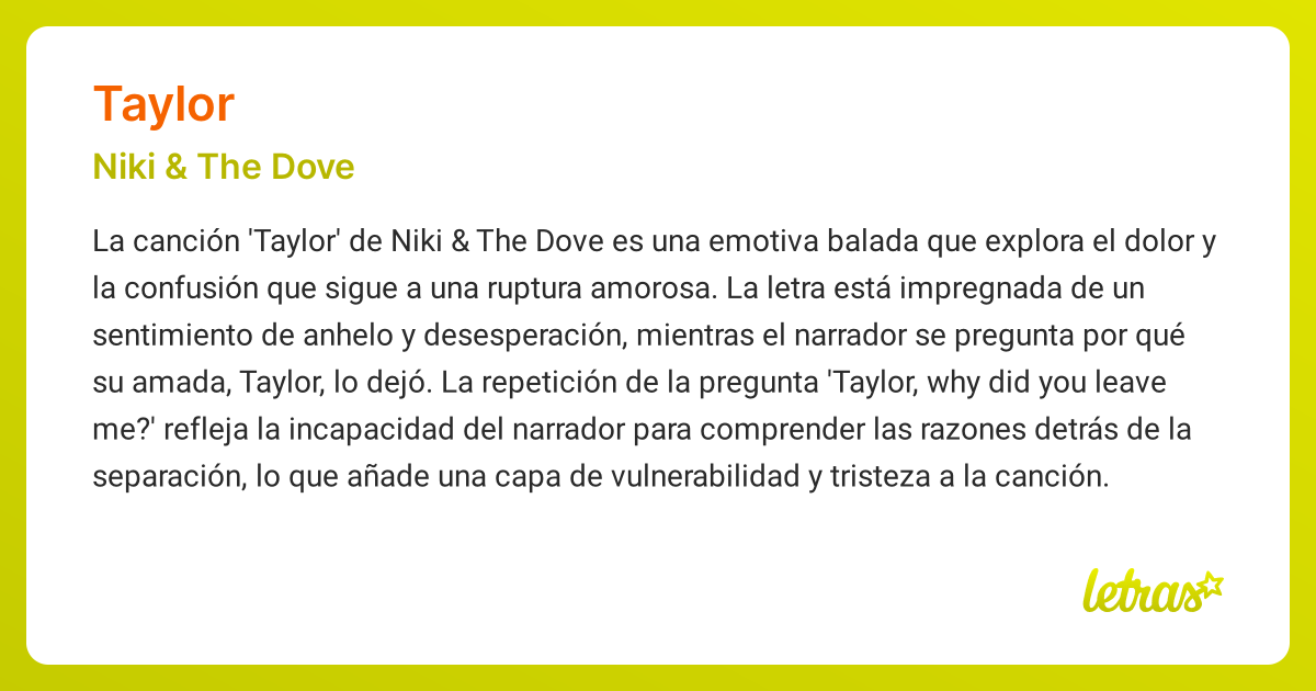 Significado de la canción TAYLOR (Niki & The Dove) - LETRAS.COM
