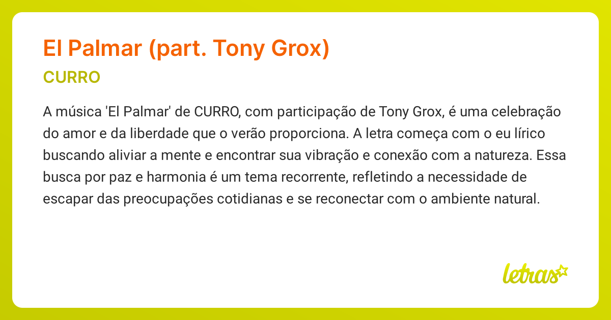 Significado da música EL PALMAR (PART. TONY GROX) (CURRO) - LETRAS.MUS.BR