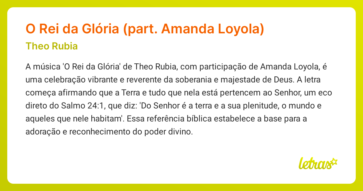 Significado da música O Rei da Glória (part. Amanda Loyola) (Theo Rubia ...