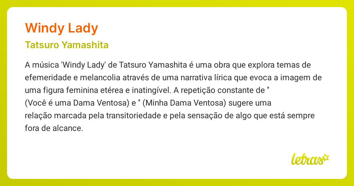 Significado da música WINDY LADY (Tatsuro Yamashita) - LETRAS.MUS.BR