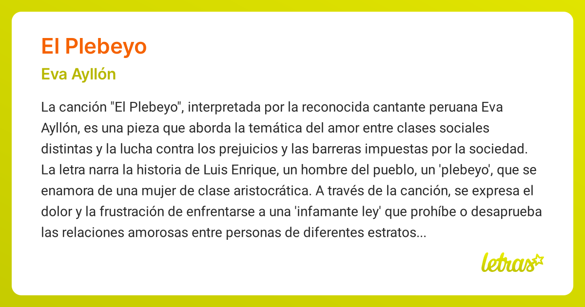 Significado de la canción EL PLEBEYO (Eva Ayllón) - LETRAS.COM