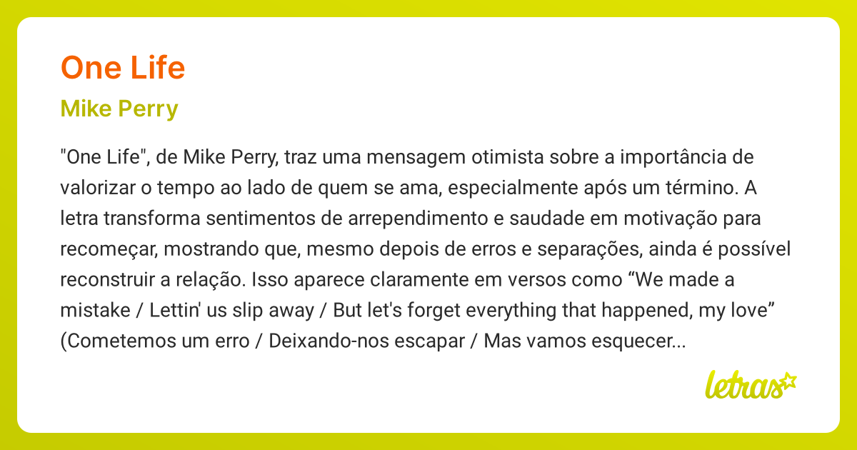 Significado da música ONE LIFE (Mike Perry) - LETRAS.MUS.BR