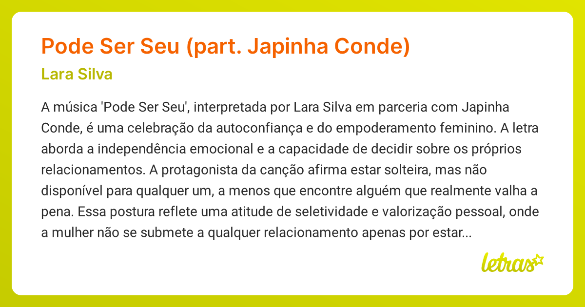 Significado da música Pode Ser Seu (part. Japinha Conde) (Lara Silva ...