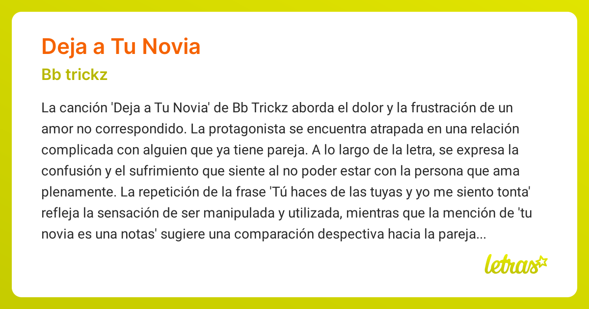 Significado de la canción DEJA A TU NOVIA (Bb Trickz) - LETRAS.COM