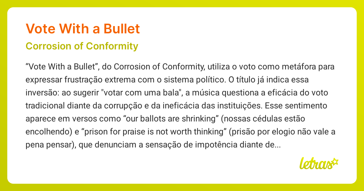 Significado da música VOTE WITH A BULLET (Corrosion of Conformity ...