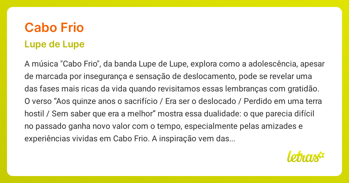 Significado da música CABO FRIO (Lupe de Lupe) - LETRAS.MUS.BR