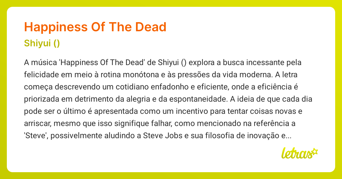 Significado da música HAPPINESS OF THE DEAD (Shiyui (シユイ)) - LETRAS.MUS.BR
