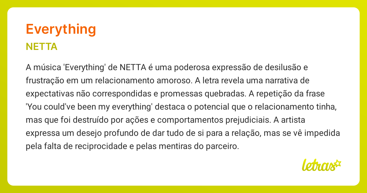Significado da música EVERYTHING (NETTA) - LETRAS.MUS.BR