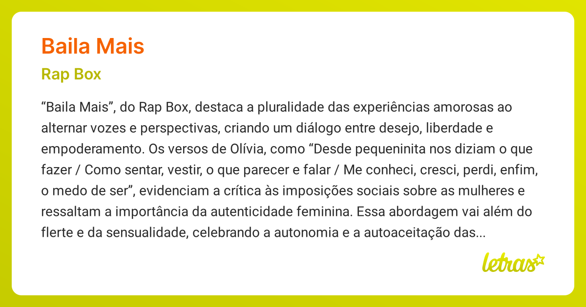 Significado da música BAILA MAIS (Rap Box) - LETRAS.MUS.BR