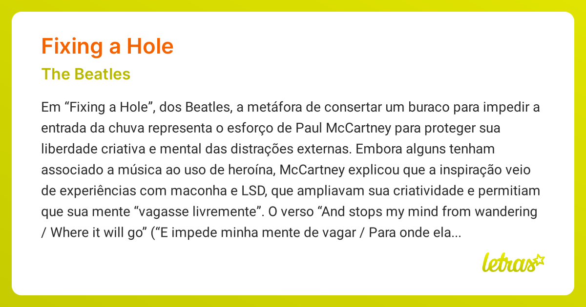 Significado da música FIXING A HOLE (The Beatles) - LETRAS.MUS.BR