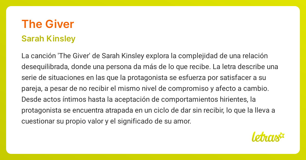 Significado de la canción THE GIVER (Sarah Kinsley) - LETRAS.COM