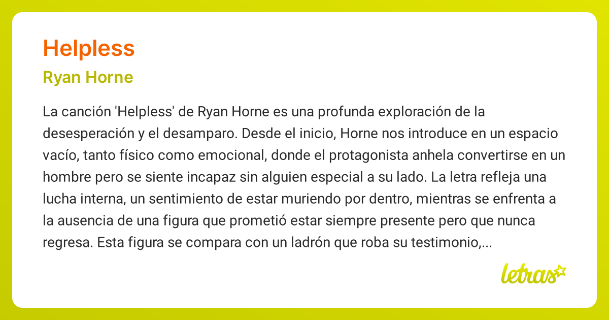 Significado de la canción HELPLESS (Ryan Horne) - LETRAS.COM