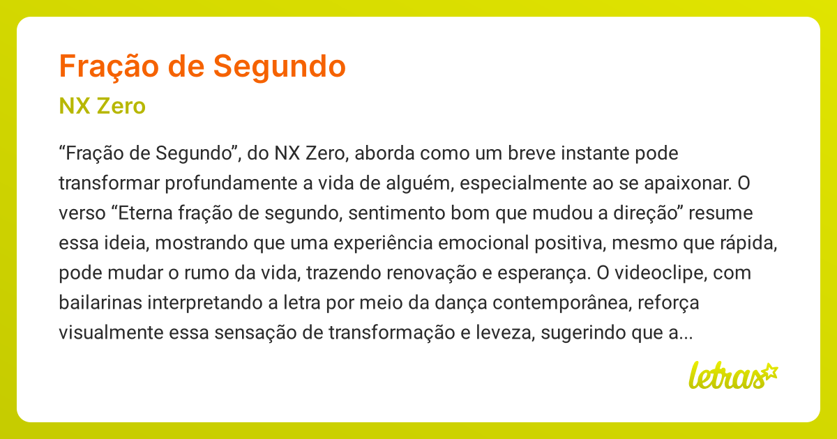 Significado da música FRAÇÃO DE SEGUNDO (NX Zero) - LETRAS.MUS.BR