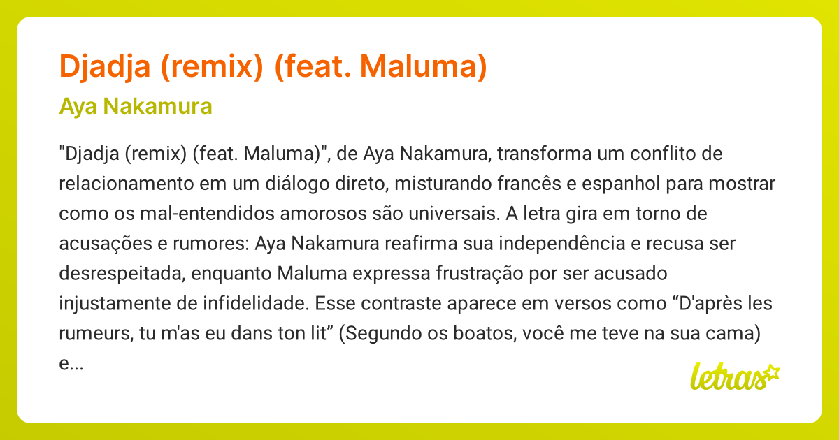 Significado da música DJADJA (REMIX) (FEAT. MALUMA) (Aya Nakamura ...