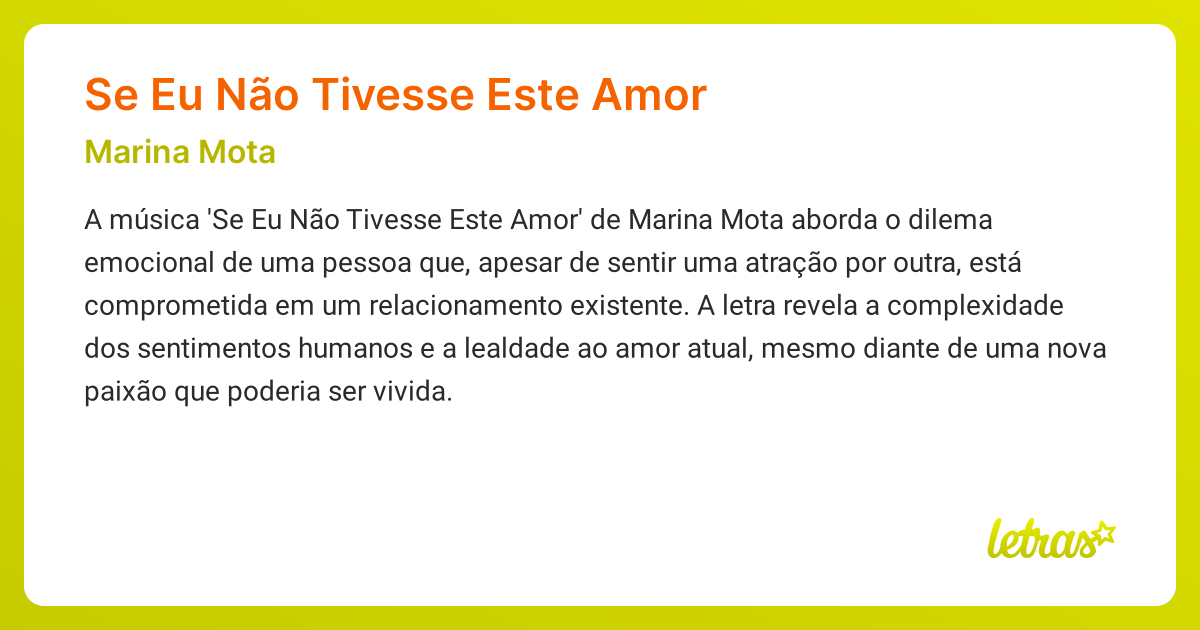 Significado da música SE EU NÃO TIVESSE ESTE AMOR (Marina Mota ...