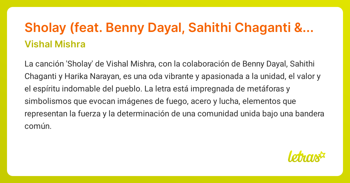 Significado de la canción Sholay (feat. Benny Dayal, Sahithi Chaganti ...