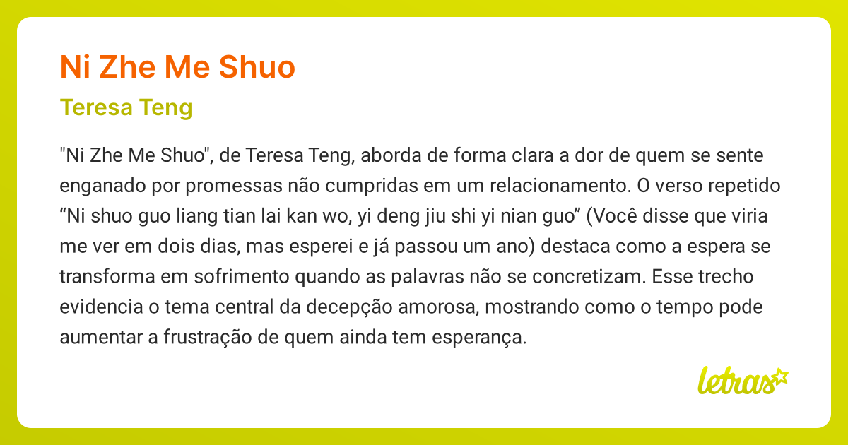 Significado da música NI ZHE ME SHUO (Teresa Teng) - LETRAS.MUS.BR