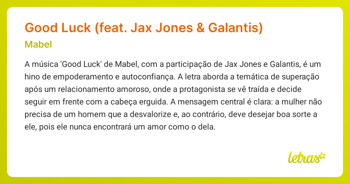 Significado da música Good Luck (feat. Jax Jones & Galantis) (Mabel ...