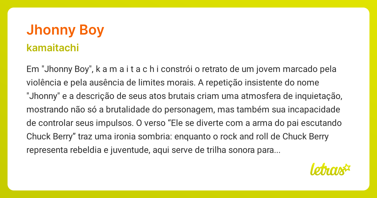 Significado da música JHONNY BOY (kamaitachi) - LETRAS.MUS.BR