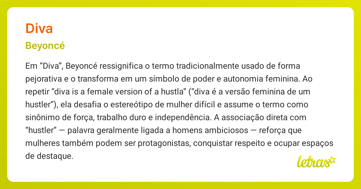 Significado da música DIVA (Beyoncé) - LETRAS.MUS.BR