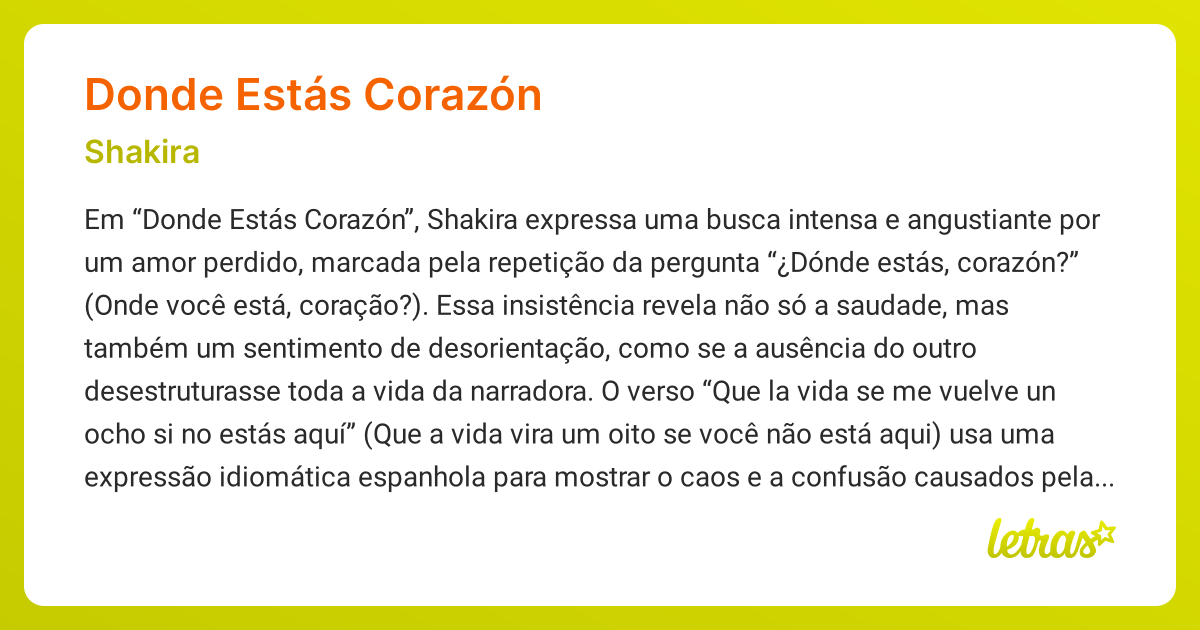 Significado da música DONDE ESTÁS CORAZÓN (Shakira) - LETRAS.MUS.BR