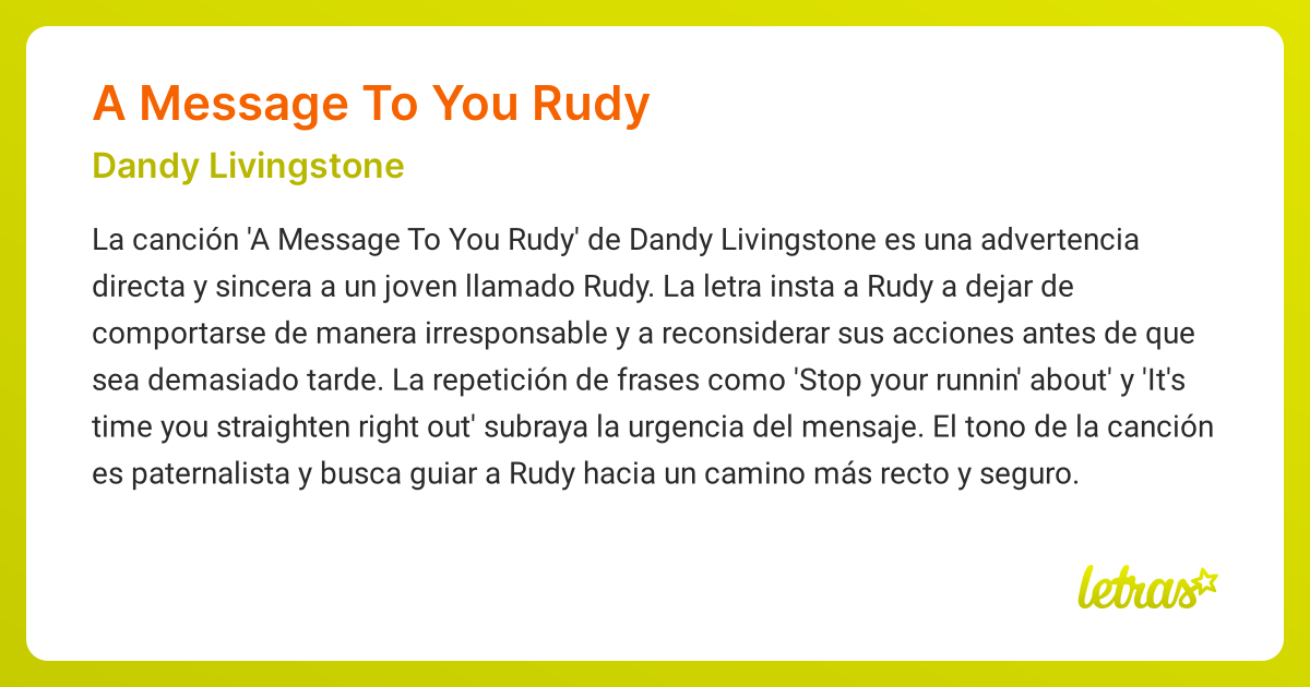 Significado de la canción A MESSAGE TO YOU RUDY (Dandy Livingstone ...