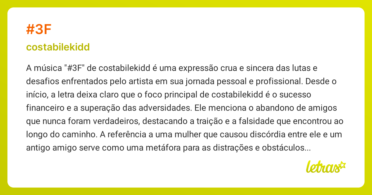 Significado da música #3F (costabilekidd) - LETRAS.MUS.BR