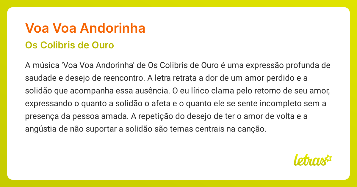 Significado da música VOA VOA ANDORINHA (Os Colibris de Ouro) - LETRAS.MUS.BR