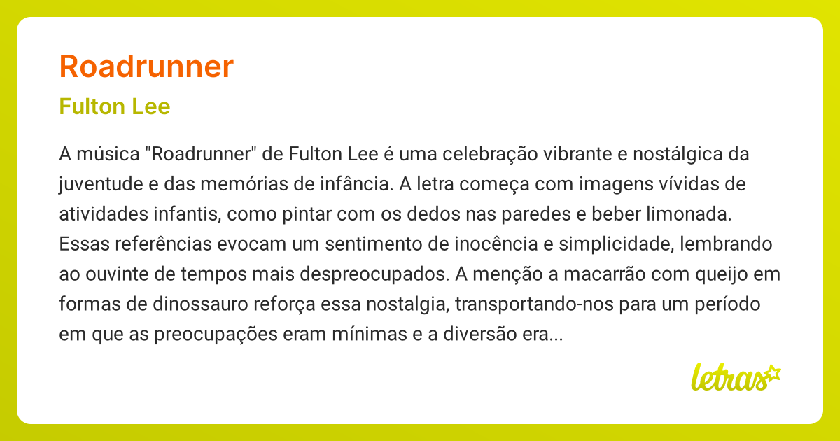 Significado da música ROADRUNNER (Fulton Lee) - LETRAS.MUS.BR