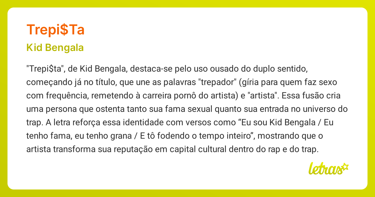Significado da música TREPI$TA (Kid Bengala) - LETRAS.MUS.BR