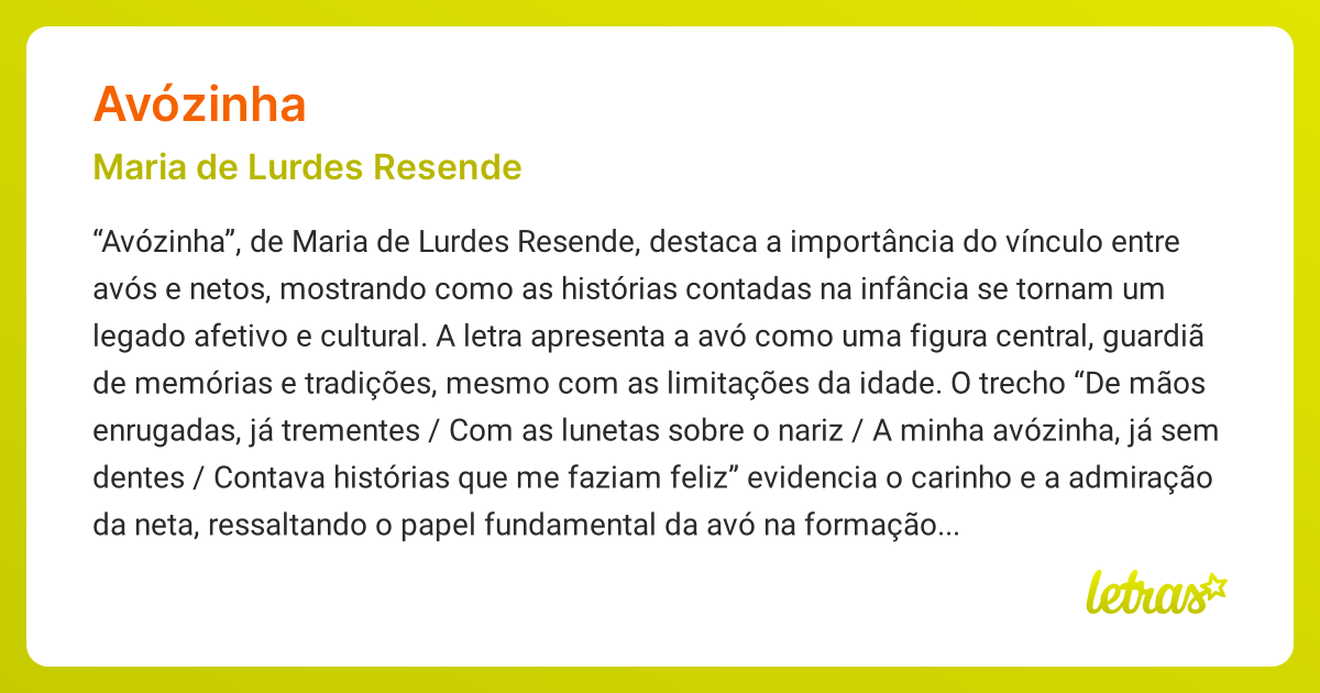 Significado da música AVÓZINHA (Maria de Lurdes Resende) - LETRAS.MUS.BR
