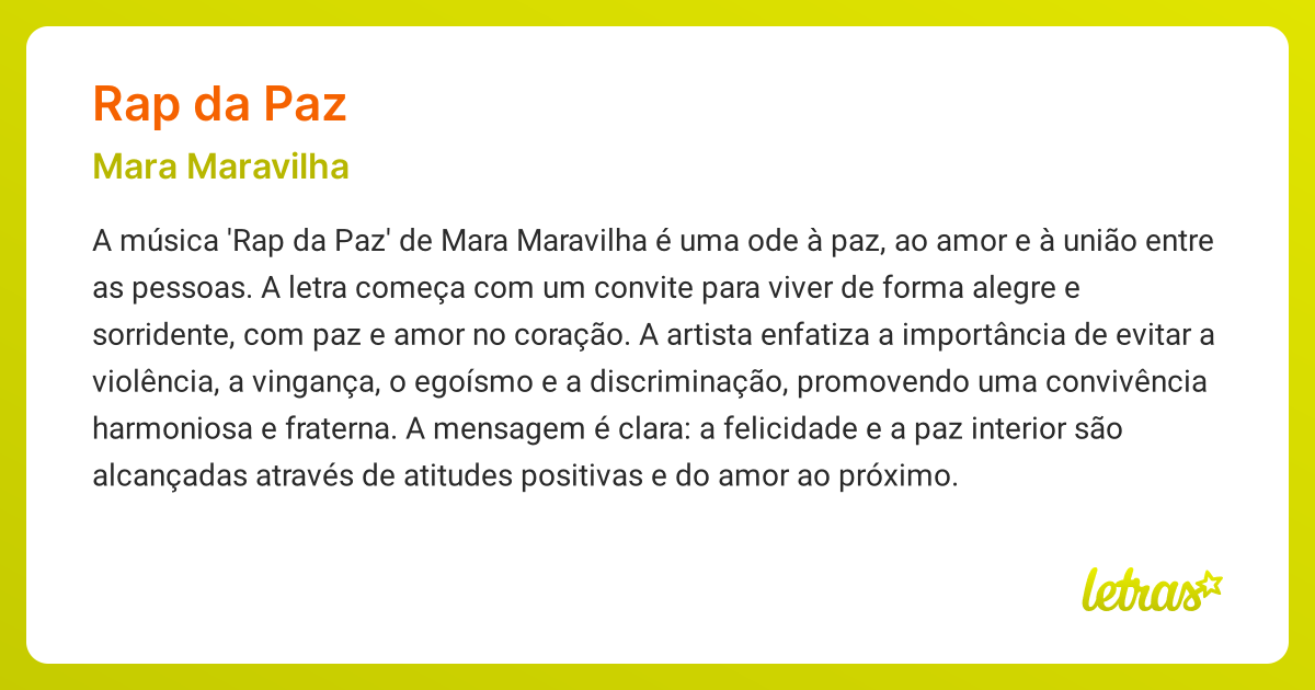 Significado da música RAP DA PAZ (Mara Maravilha) - LETRAS.MUS.BR
