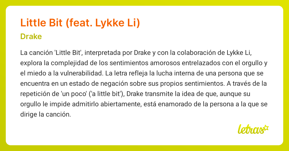 Significado de la canción LITTLE BIT (FEAT. LYKKE LI) (Drake) - LETRAS.COM