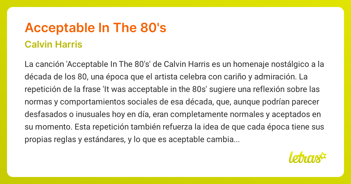 Significado de la canción ACCEPTABLE IN THE 80'S (Calvin Harris ...